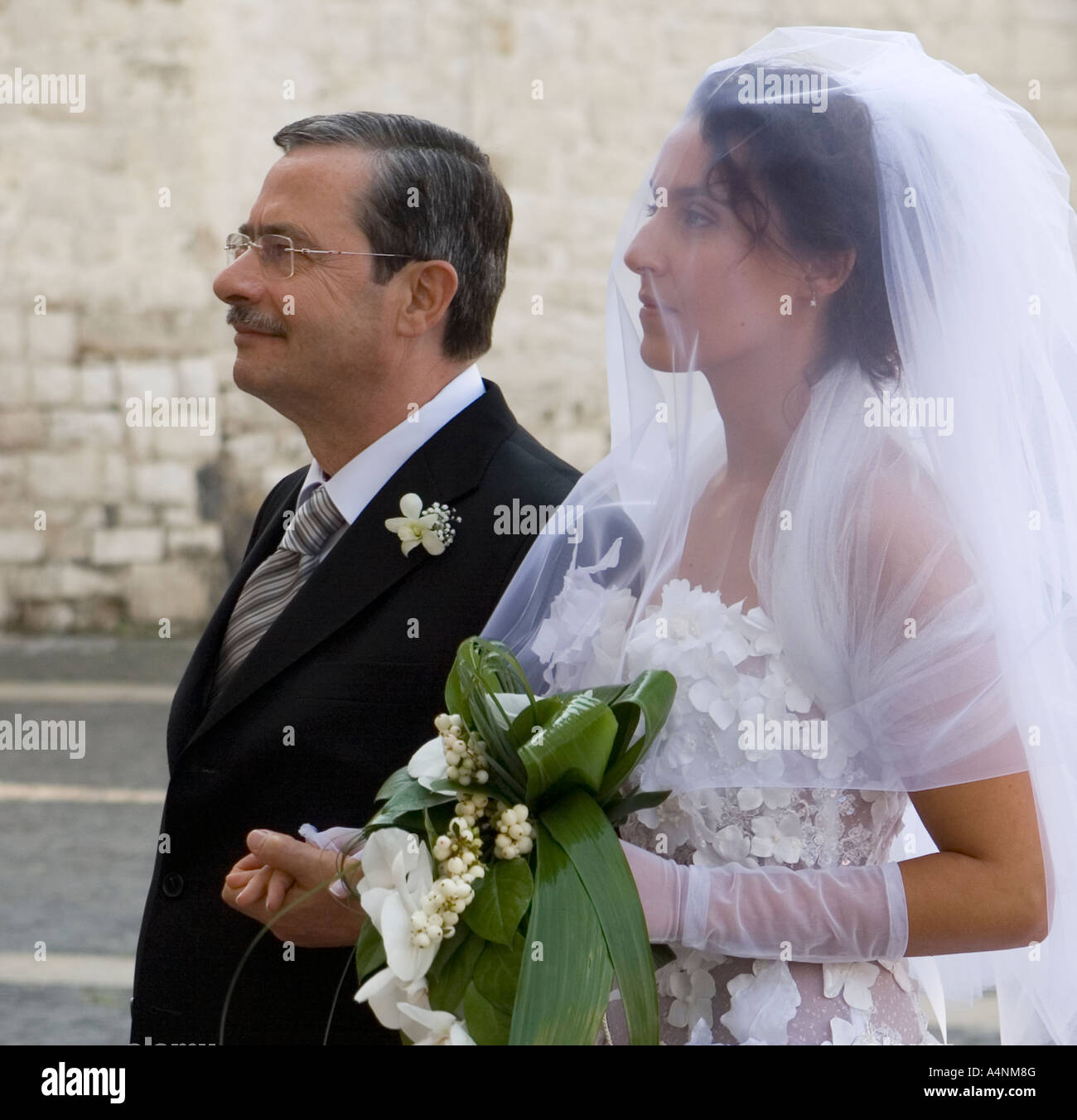 Bride and father before wedding at San Nicola Bari Italy Stock Photo ...