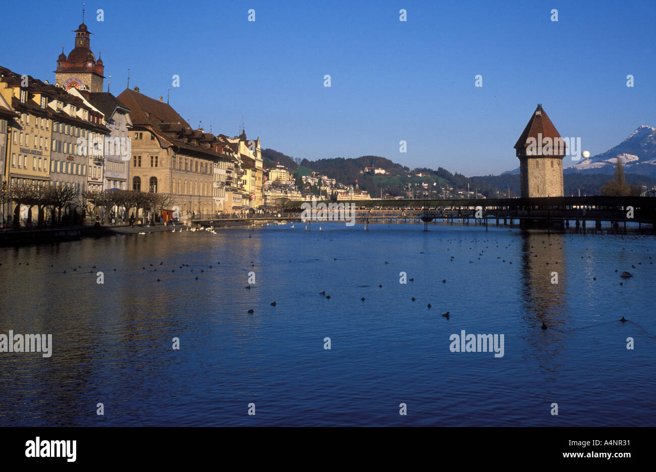 Historic city part of Luzern Lucerne Reuss river Watertower and ...