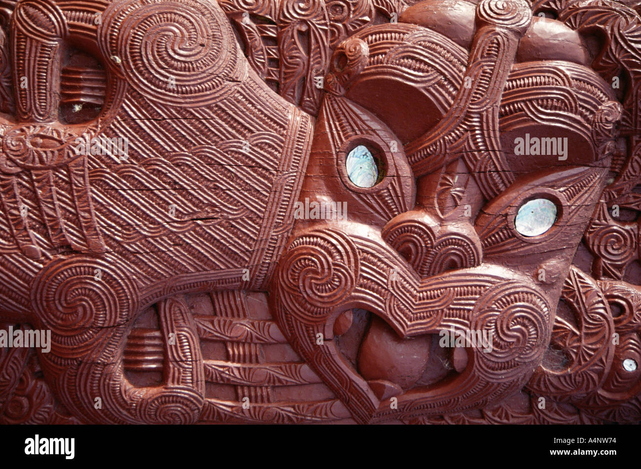 Close up of Maori carving on Ohinemutu marae meeting house Rotorua ...