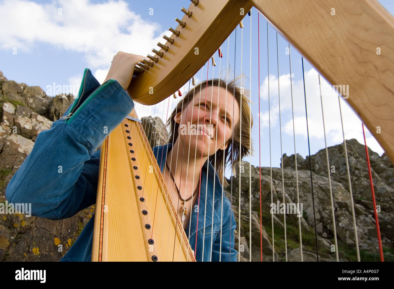 Welsh Harpist Gwenan Gibbard with Harp near Pwllheli Lleyn Peninsula ...