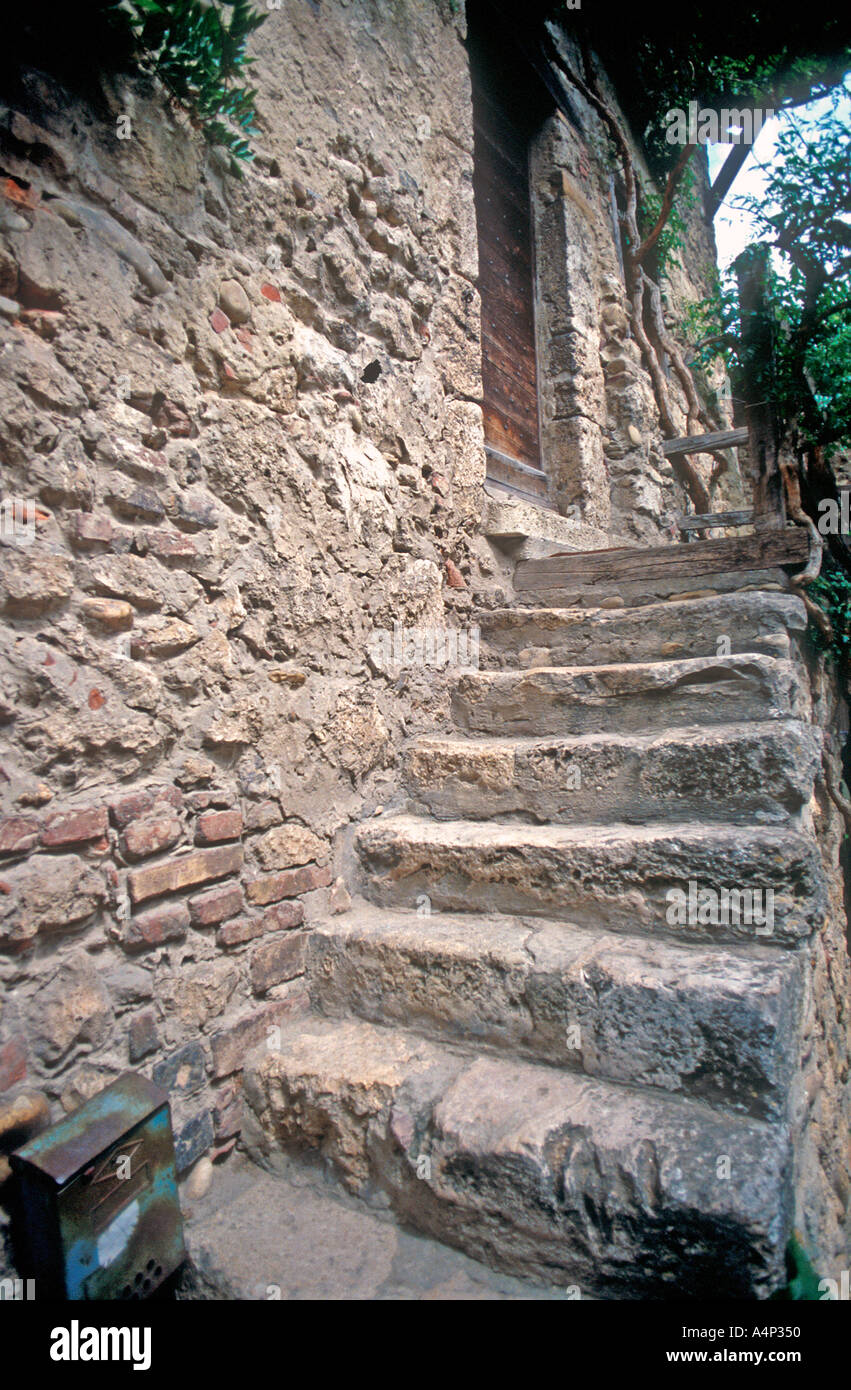 Stone stairs medieval town Perouges Ain France Stock Photo - Alamy