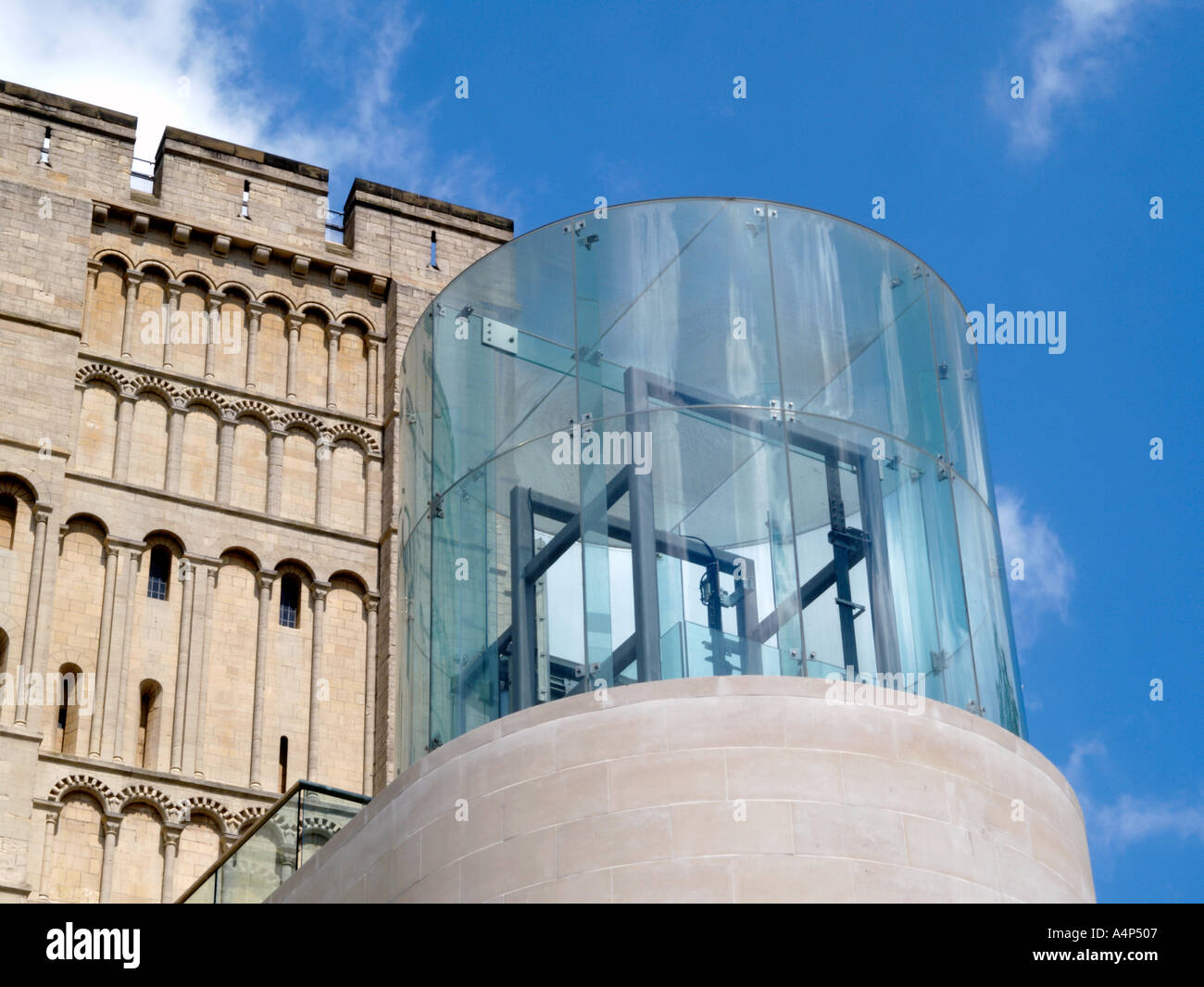 NORWICH CASTLE AND GLASS TOP OF LIFT TOWER SHOWING LIFT WORKINGS ...
