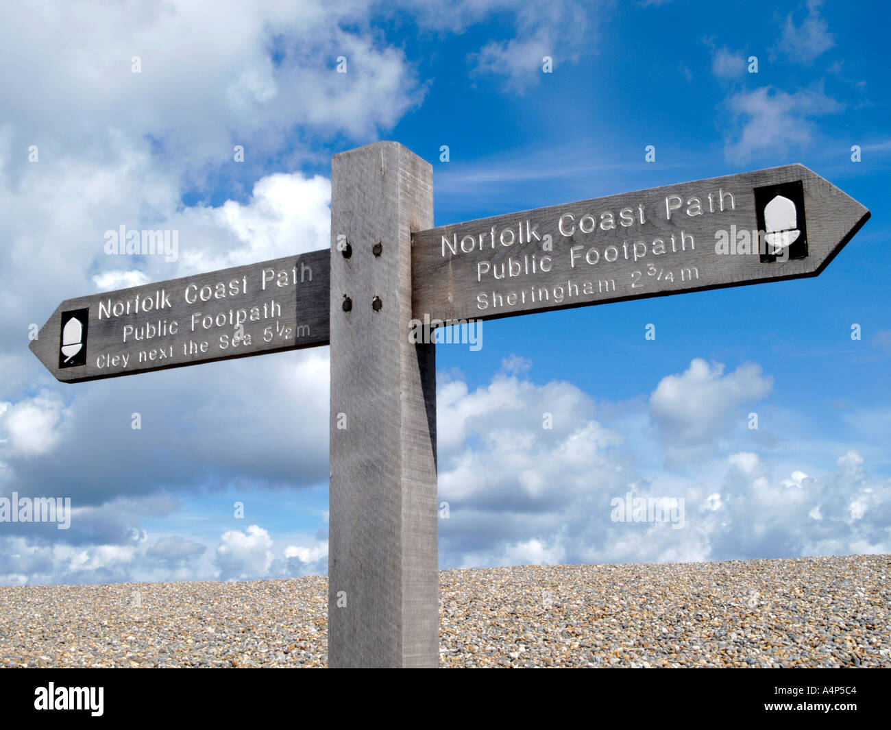 SIGN POST OF NORTH NORFOLK COASTAL PATH NEAR SHINGLE BANK WEYBOURNE ...