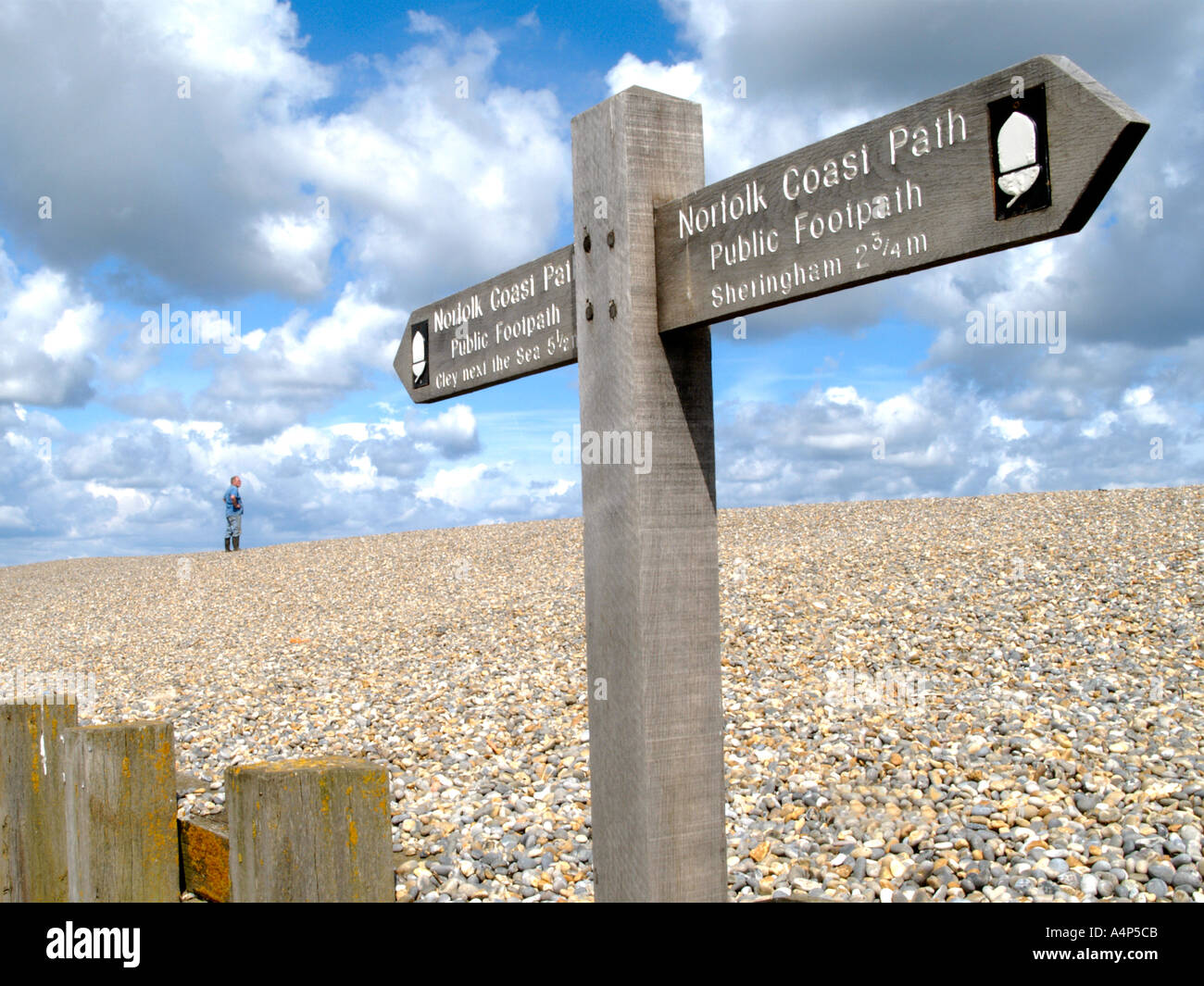 SIGN POST OF NORTH NORFOLK COASTAL PATH NEAR SHINGLE BANK WEYBOURNE ...