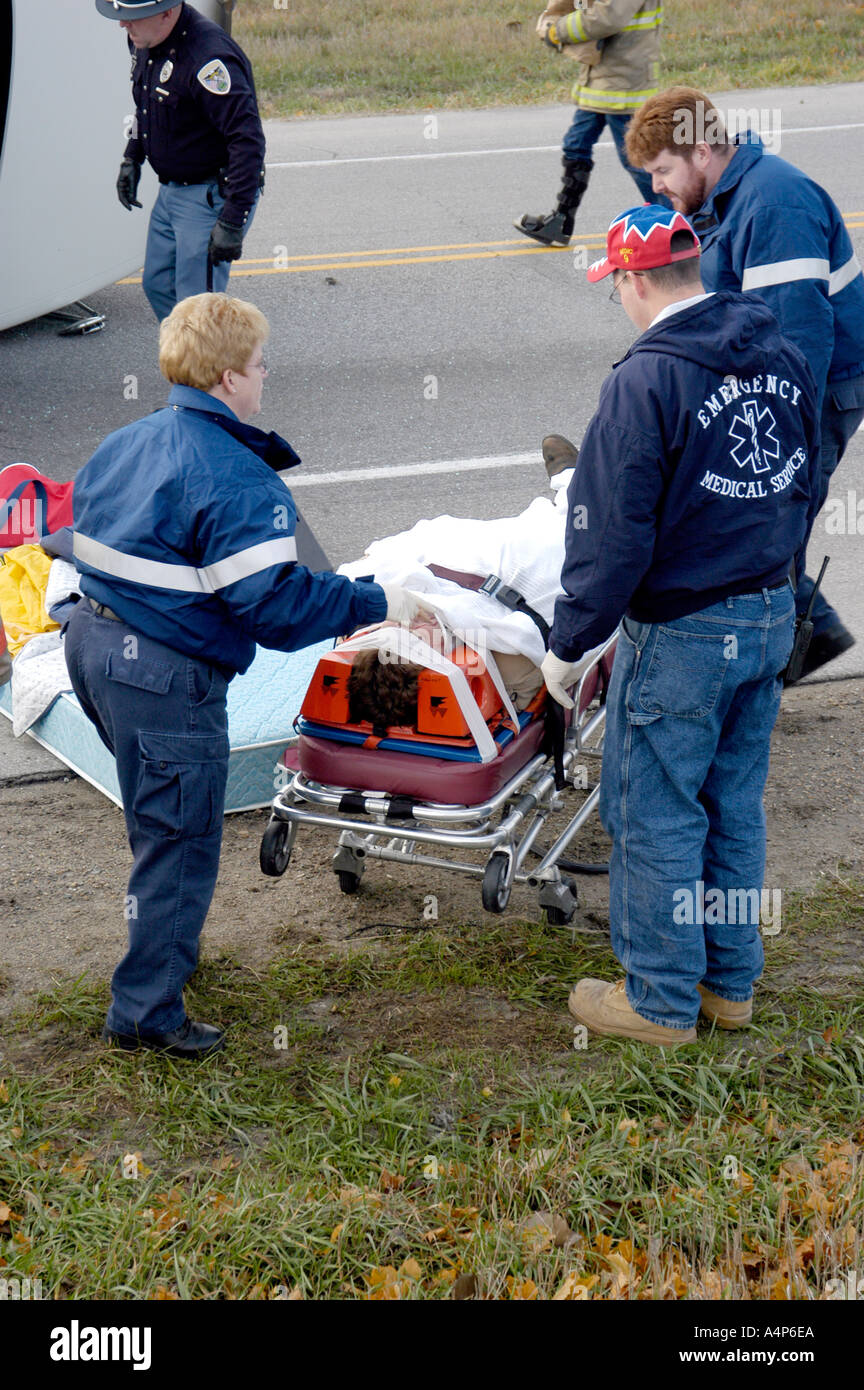 Semi tractor trailer overturns causing an accident with injury Stock ...