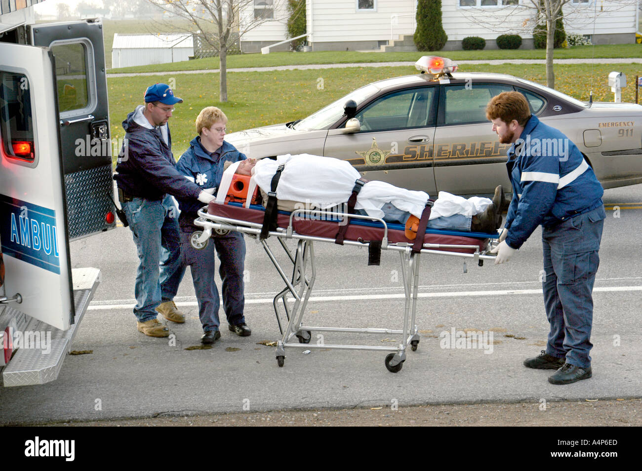 Semi tractor trailer overturns causing an accident with injury Stock ...