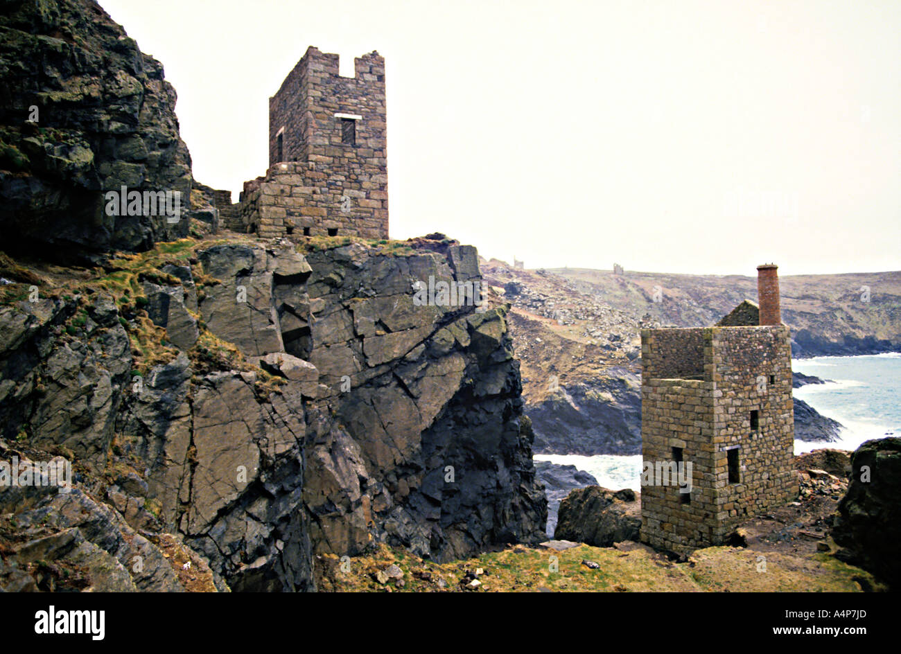 Mining engine house remains at Botallack tin mine Cornwall England UK ...