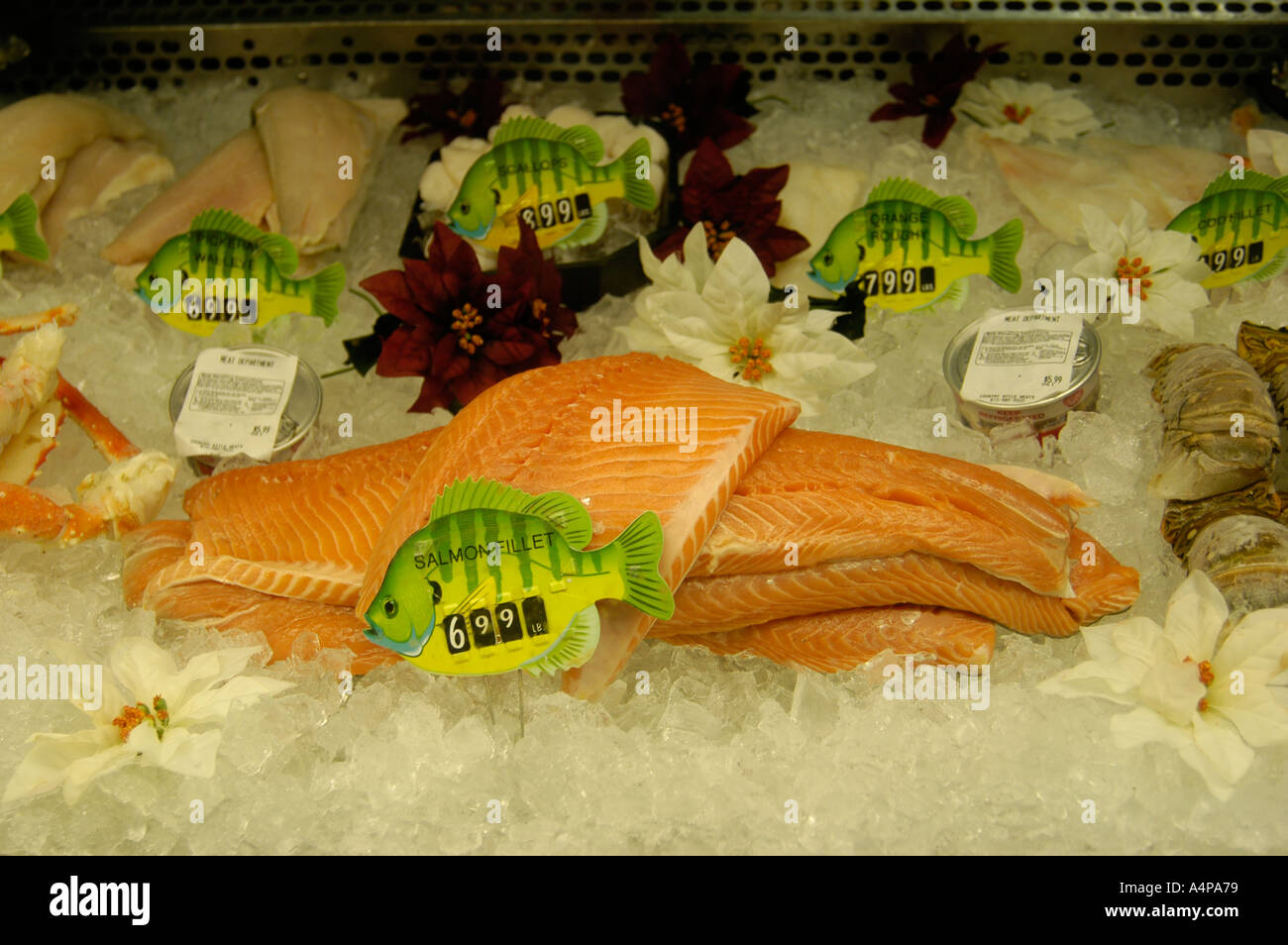 Fresh red meat fish vegetables fruit and poultry on display in a meat ...