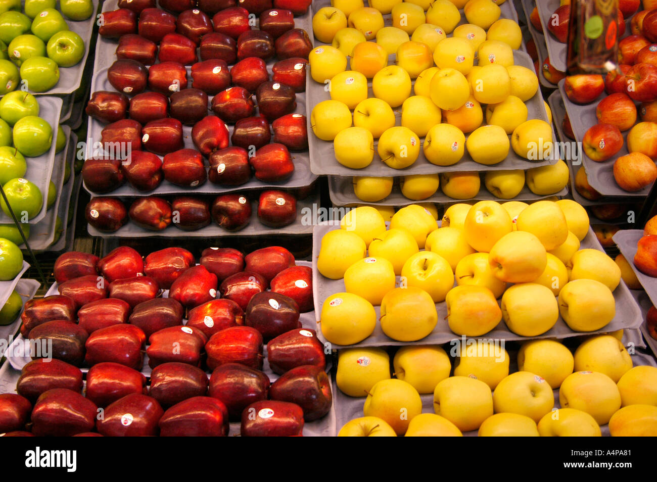 Fresh red meat fish vegetables fruit and poultry on display in a meat ...