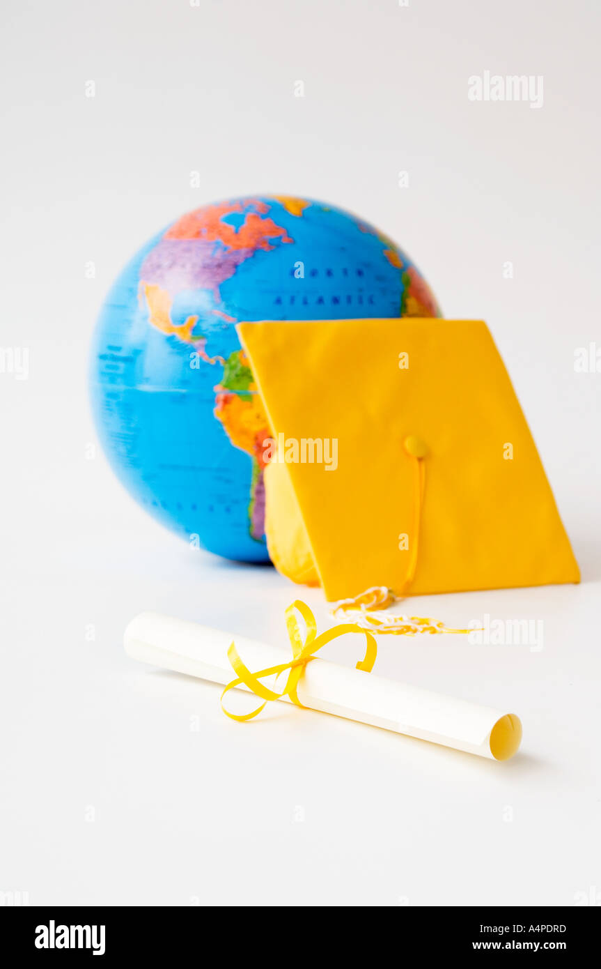 World globe diploma cap and tassel Stock Photo - Alamy