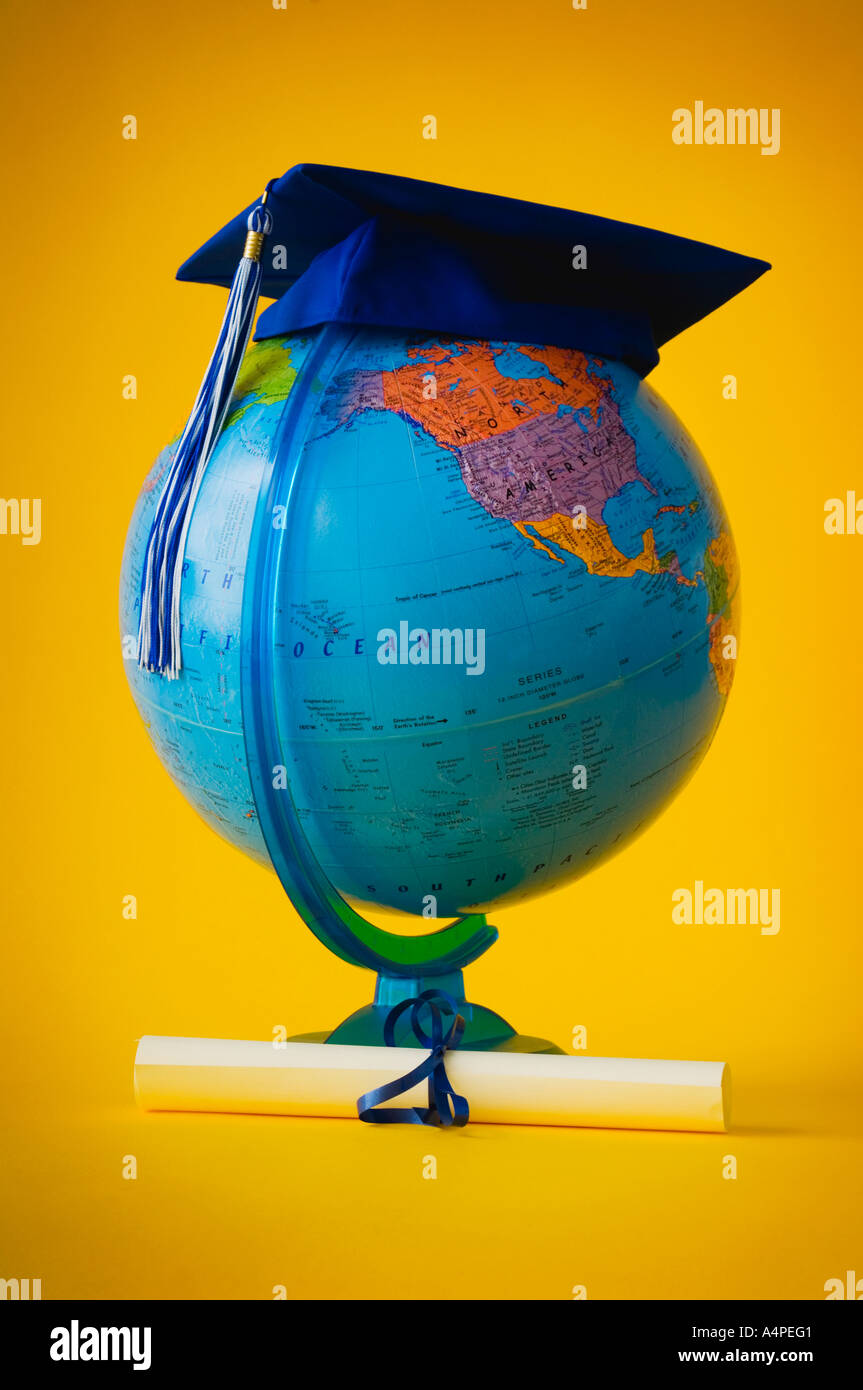 World globe with graduation cap and diploma Stock Photo - Alamy