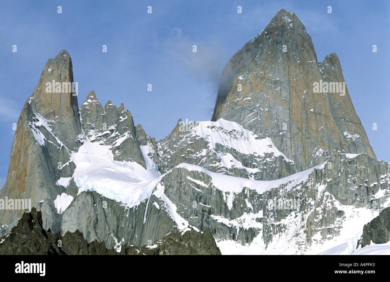 Fitz Roy Mountain range after sunrise on a cloudy day El Chalten Los ...