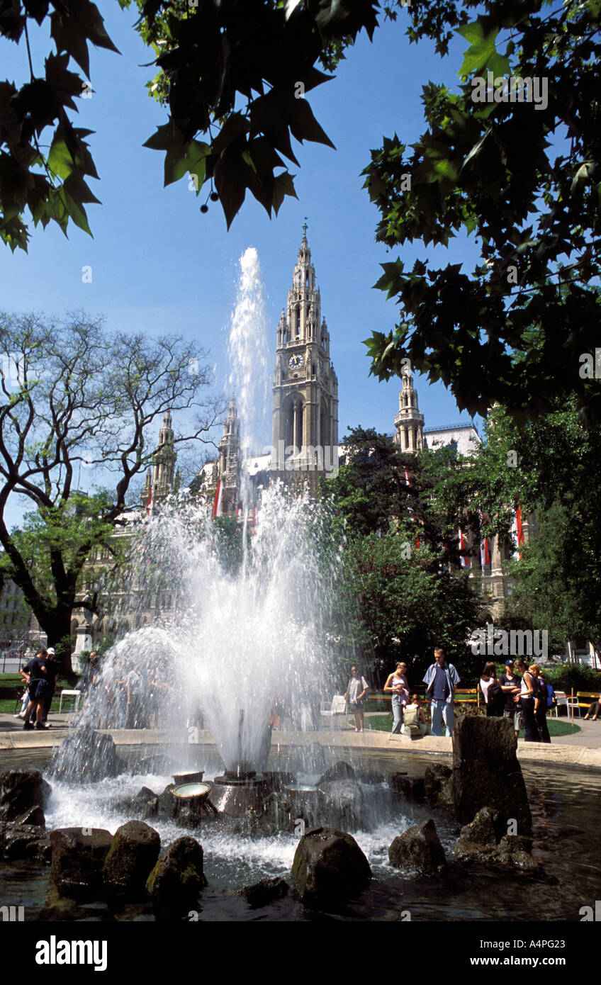 Fountain with water jets and Town Hall Innere Stadt Vienna Austria ...