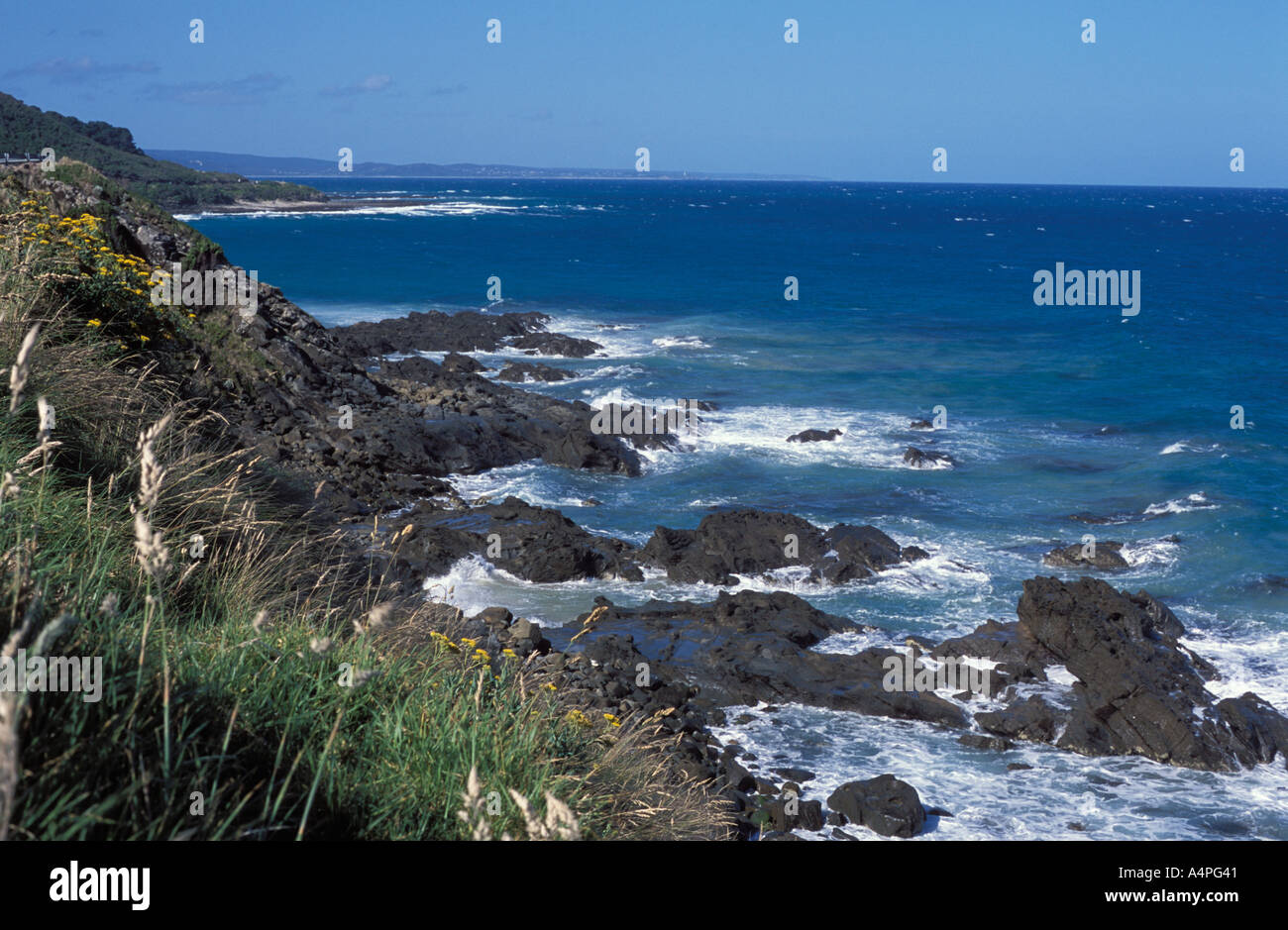 Landscape of rugged rocky coastline along the Great Ocean Road Victoria ...
