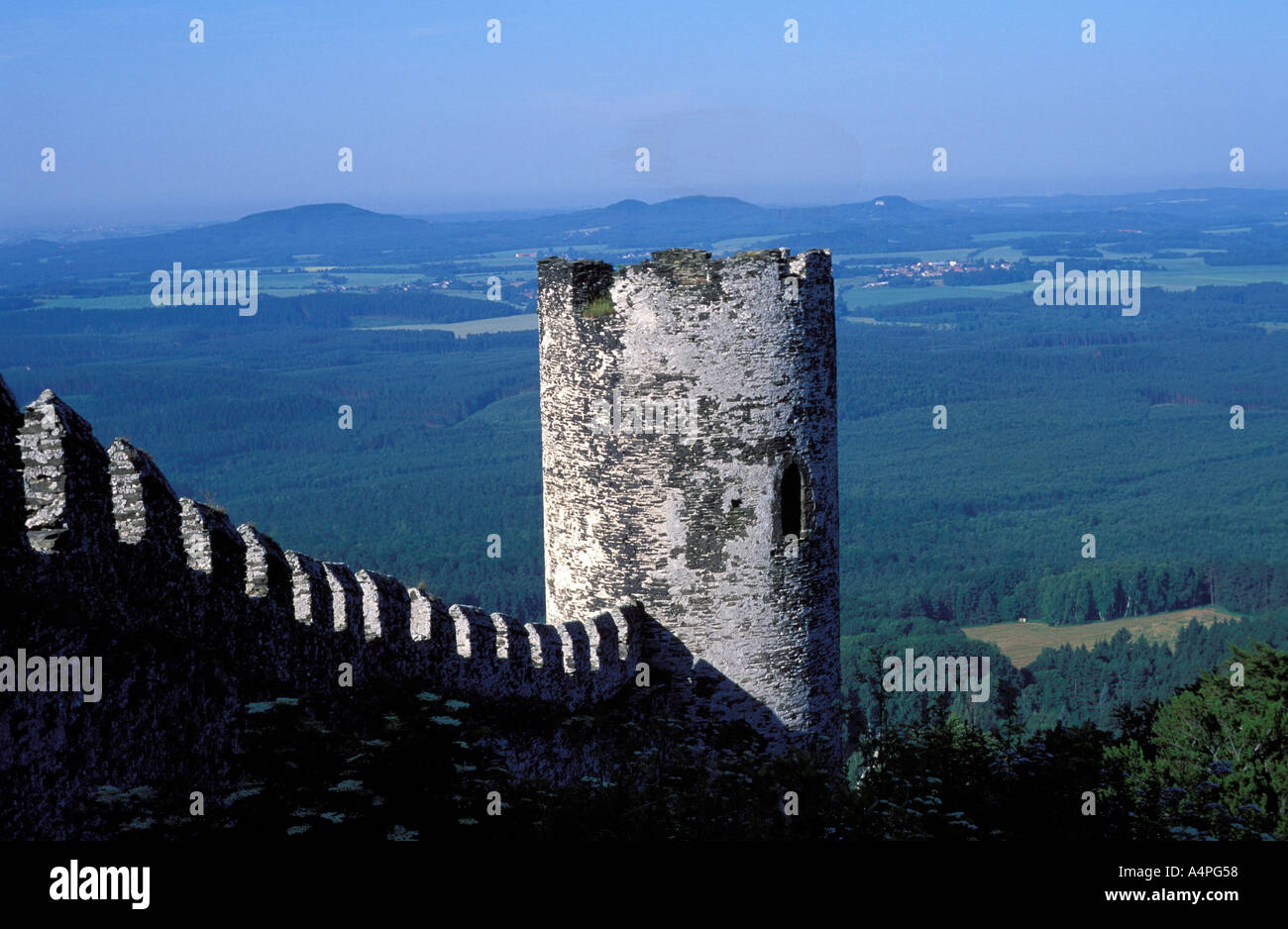 Extterior of tower and wall of Bezdez Castle with landscape of valley ...