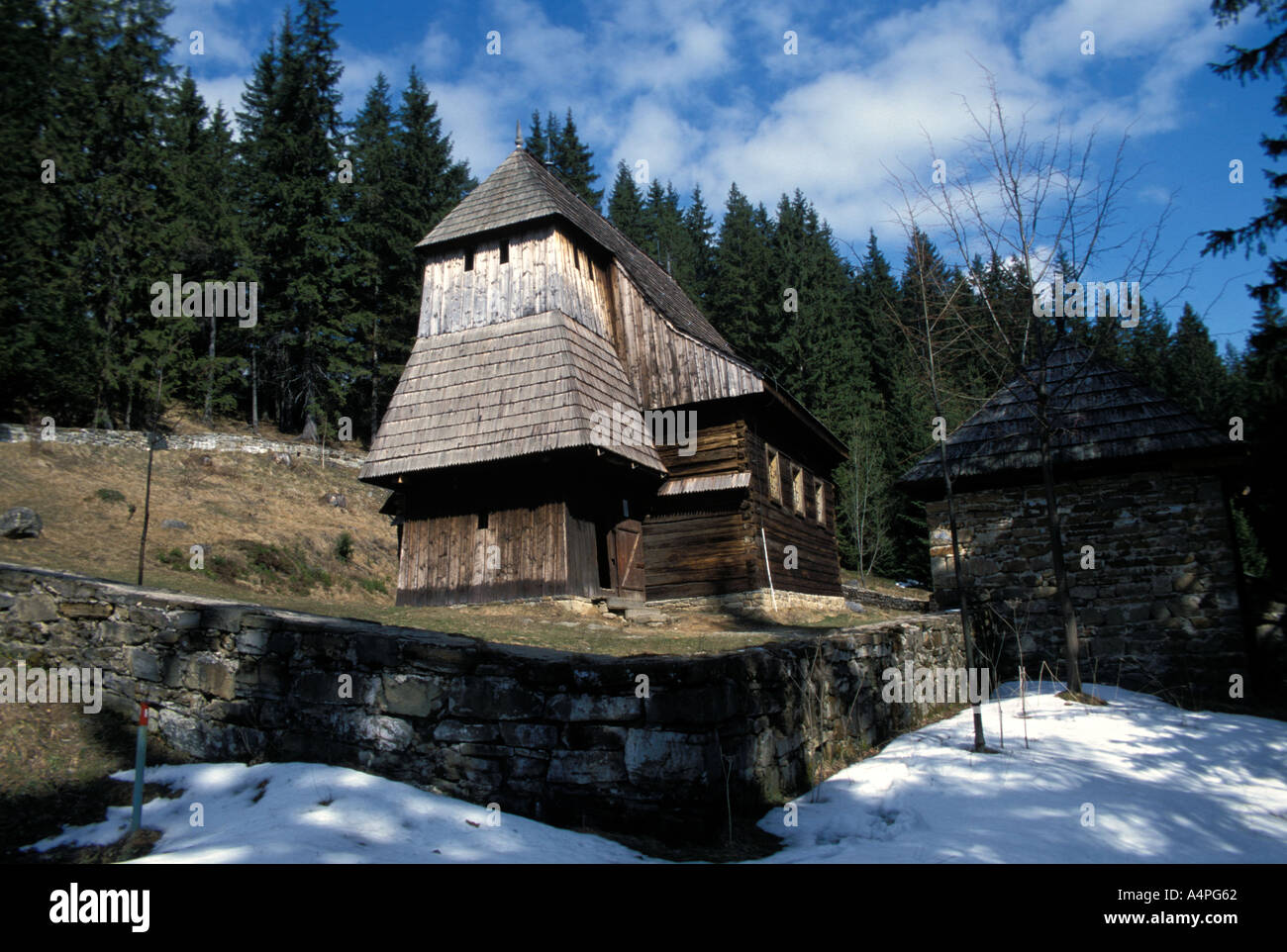 Exterior of wooden Ruthenian Orthodox church in village of Zuberec ...
