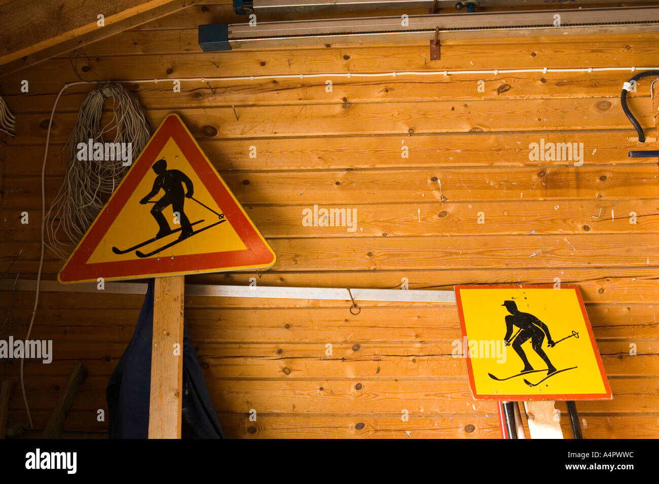 Two skiing sign boards Stock Photo - Alamy