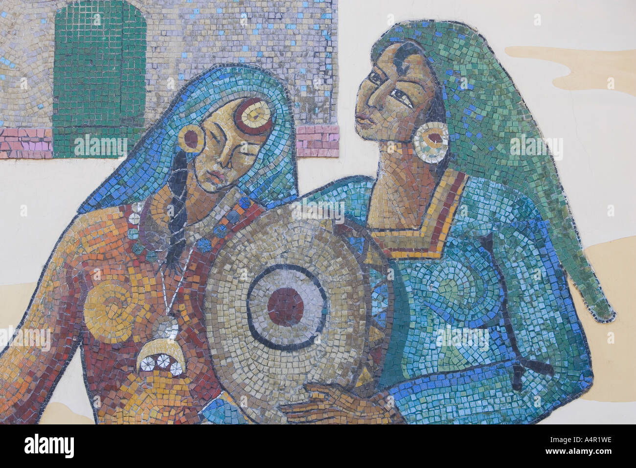 Mosaic tile design of two women with a musical instrument Stock Photo ...