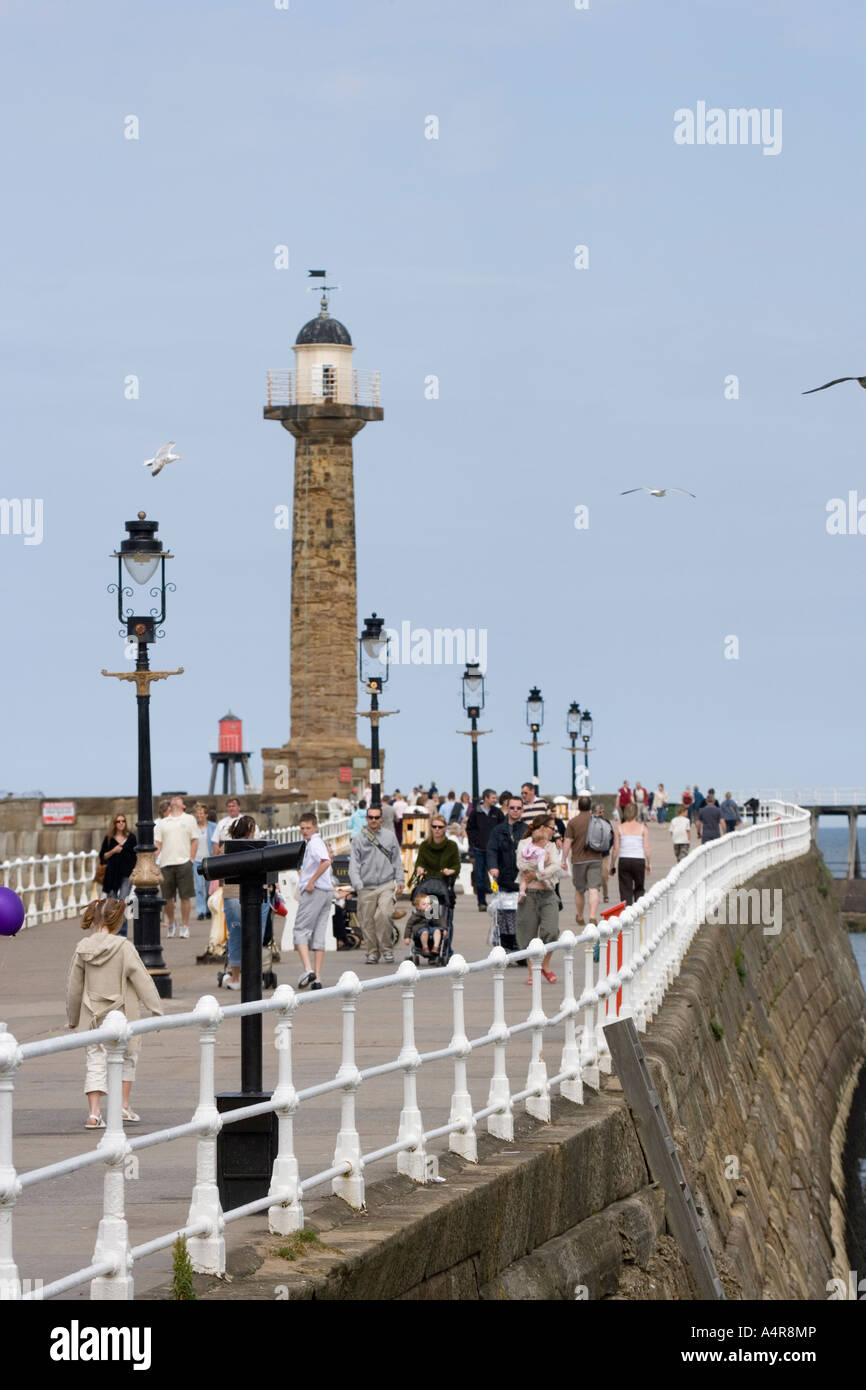 Whitby pier and lighthouse North Yorkshire England UK Stock Photo - Alamy