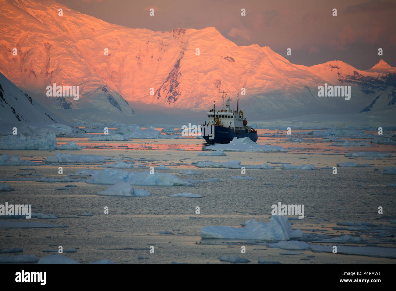 Ship navigating through sea ice in the Lamaire Channel in Antarctica ...