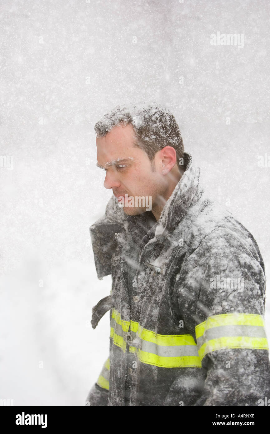New York Fireman in Blizzard Stock Photo - Alamy