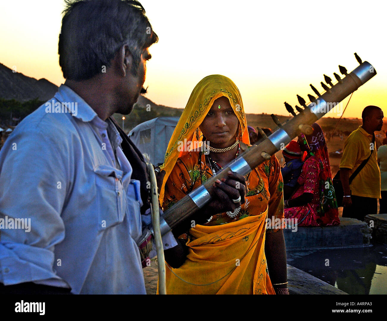 SUB98549 Folk singer with sarangi and his wife in traditional ...