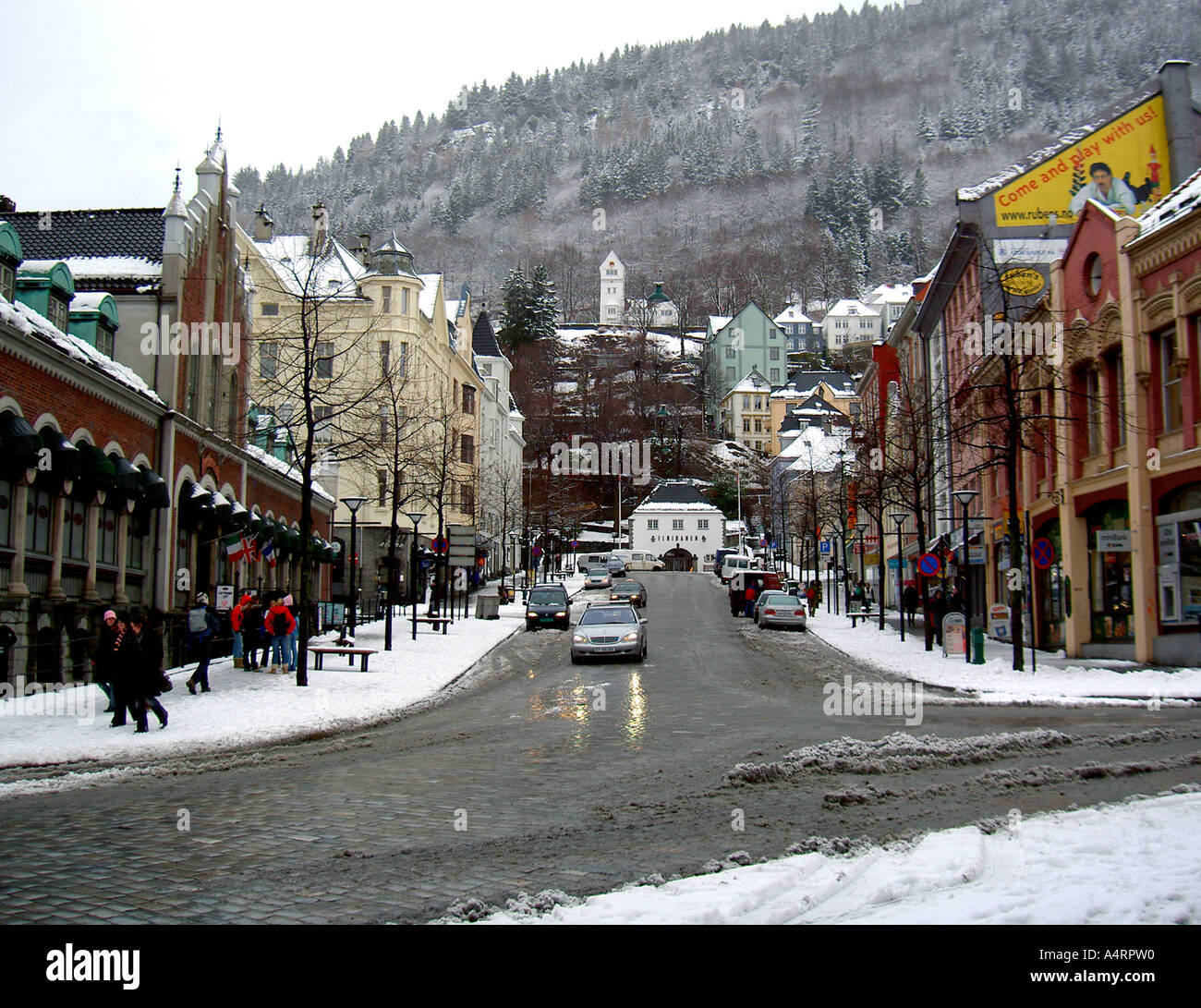 Snow covered street scene in Bergen, Norway, Scandinavia, Europe Stock ...