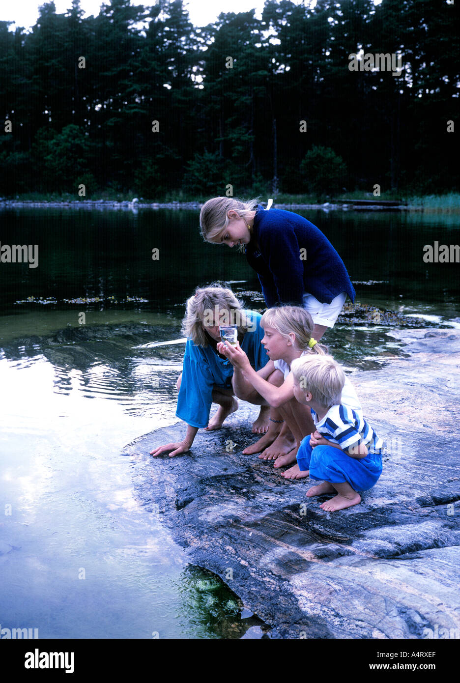 women and children collecting small animals in a glass bottle Stock ...