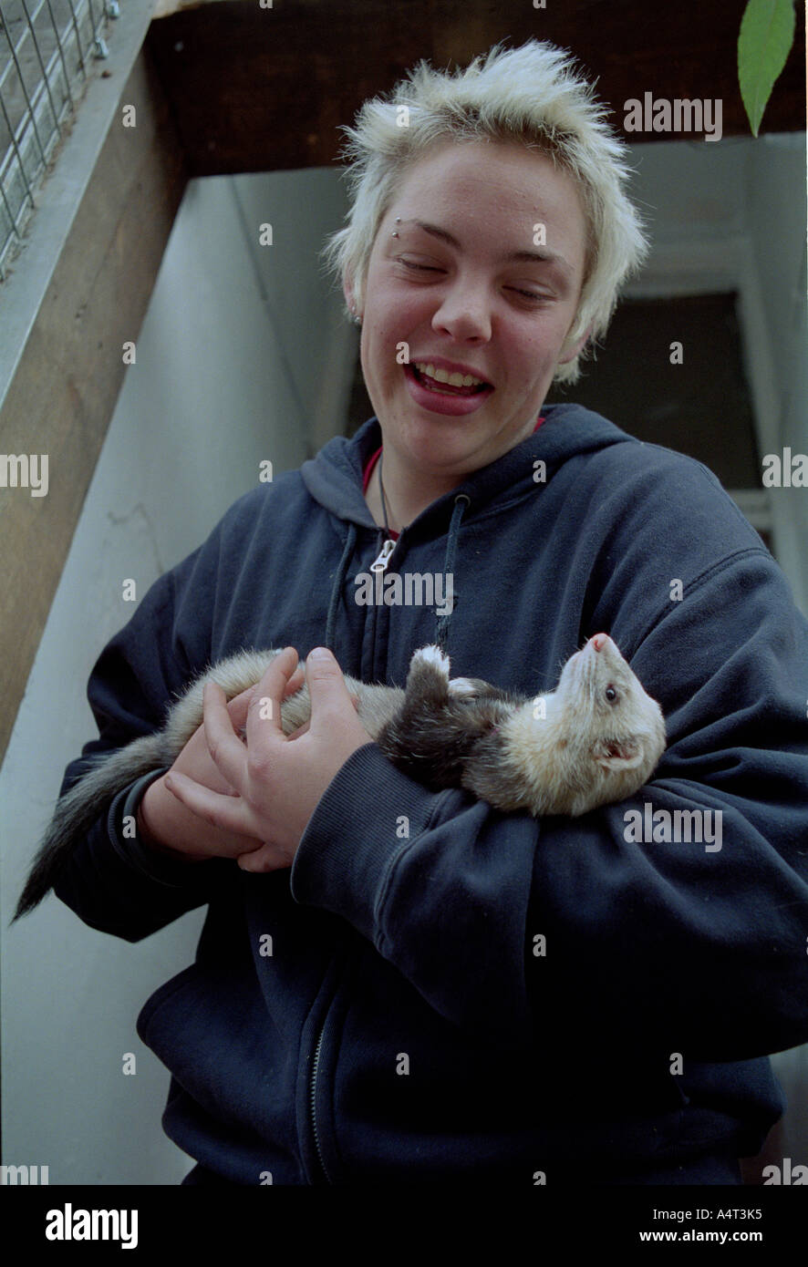 Young woman with her pet ferret Stock Photo - Alamy