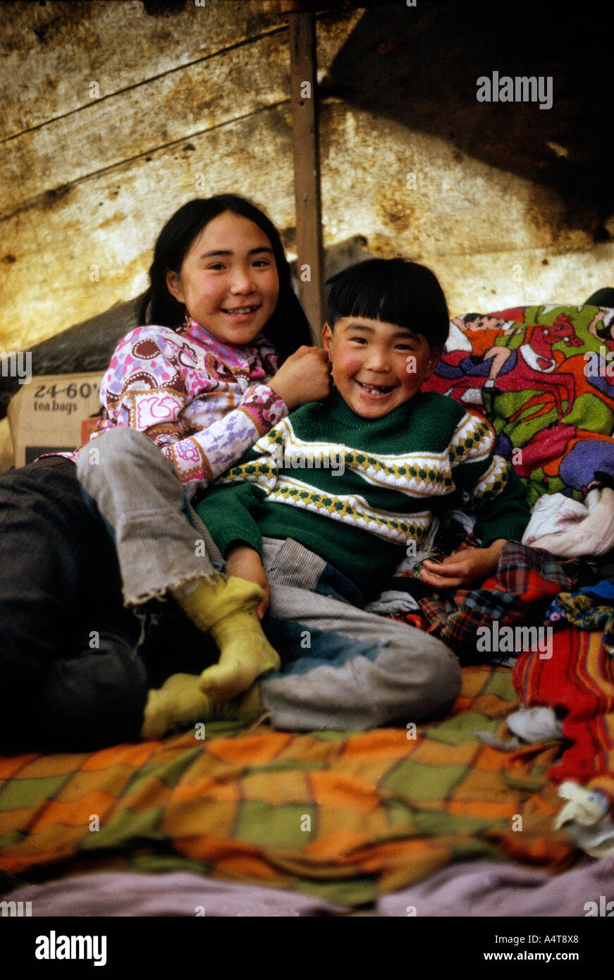Inuit children in tent on tundra Baffin Island Stock Photo - Alamy