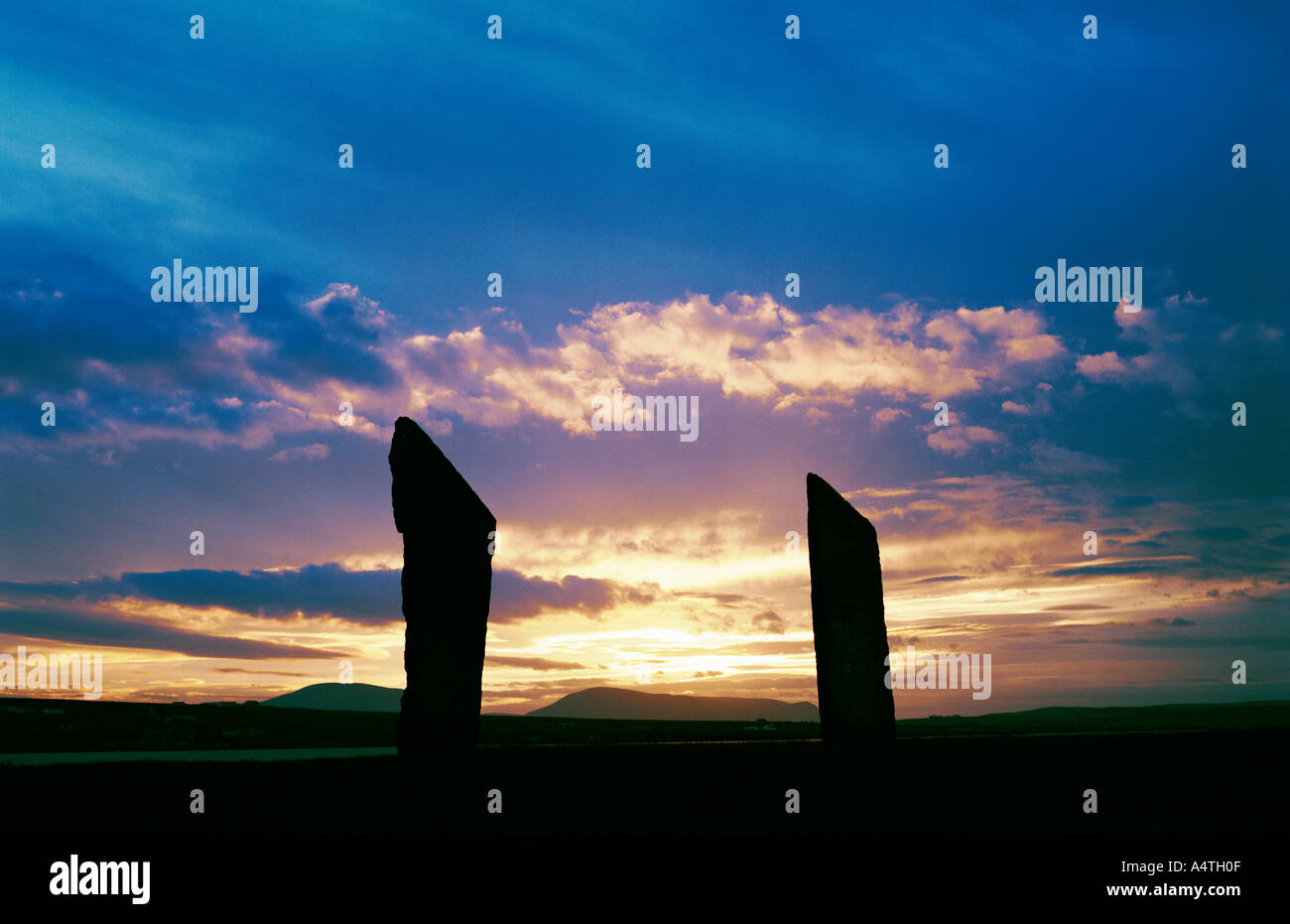 Stones of Stenness, Orkney, Scotland, UK. Two of the prehistoric stone ...