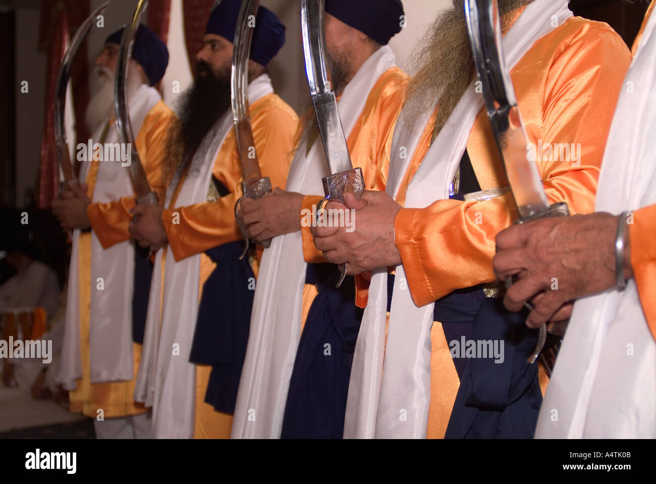 Five Sikhs in traditional costume during the festival of Vaisakhi Sri ...