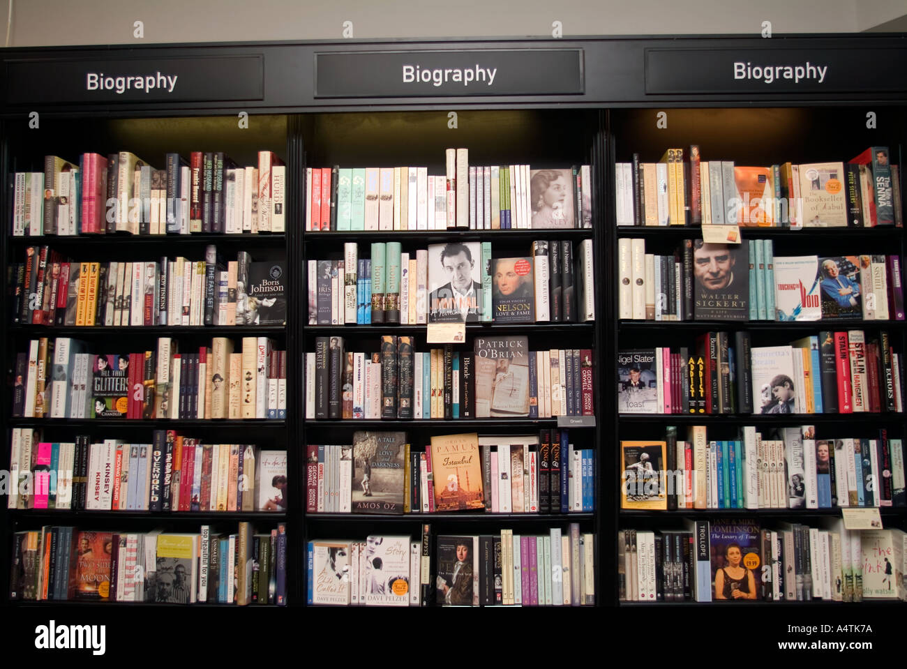 Biography books on display in Waterstone booksellers, Richmond, Surrey ...