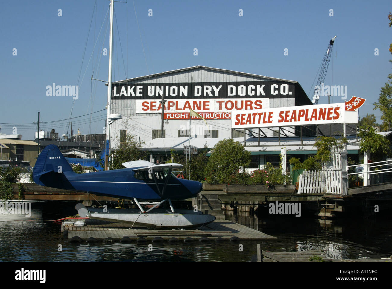 A float plane docked outside Seattle Seaplanes on Lake Union in Seattle ...