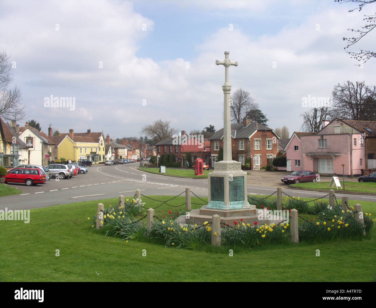Cavendish village war memorial and village green Suffolk England Stock ...