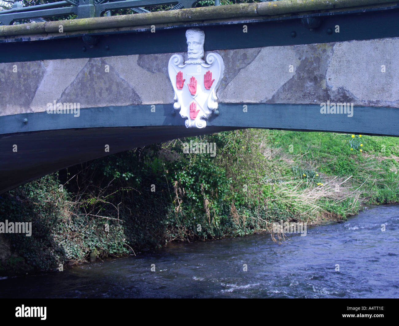 Homersfield bridge shield with four red hands Suffolk England Stock ...