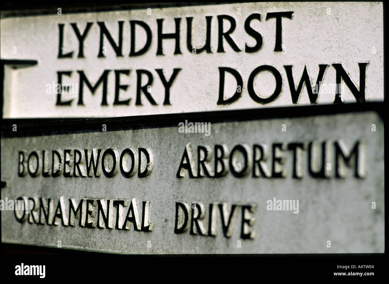 Abstract road sign place names in The New Forest Hampshire county which ...