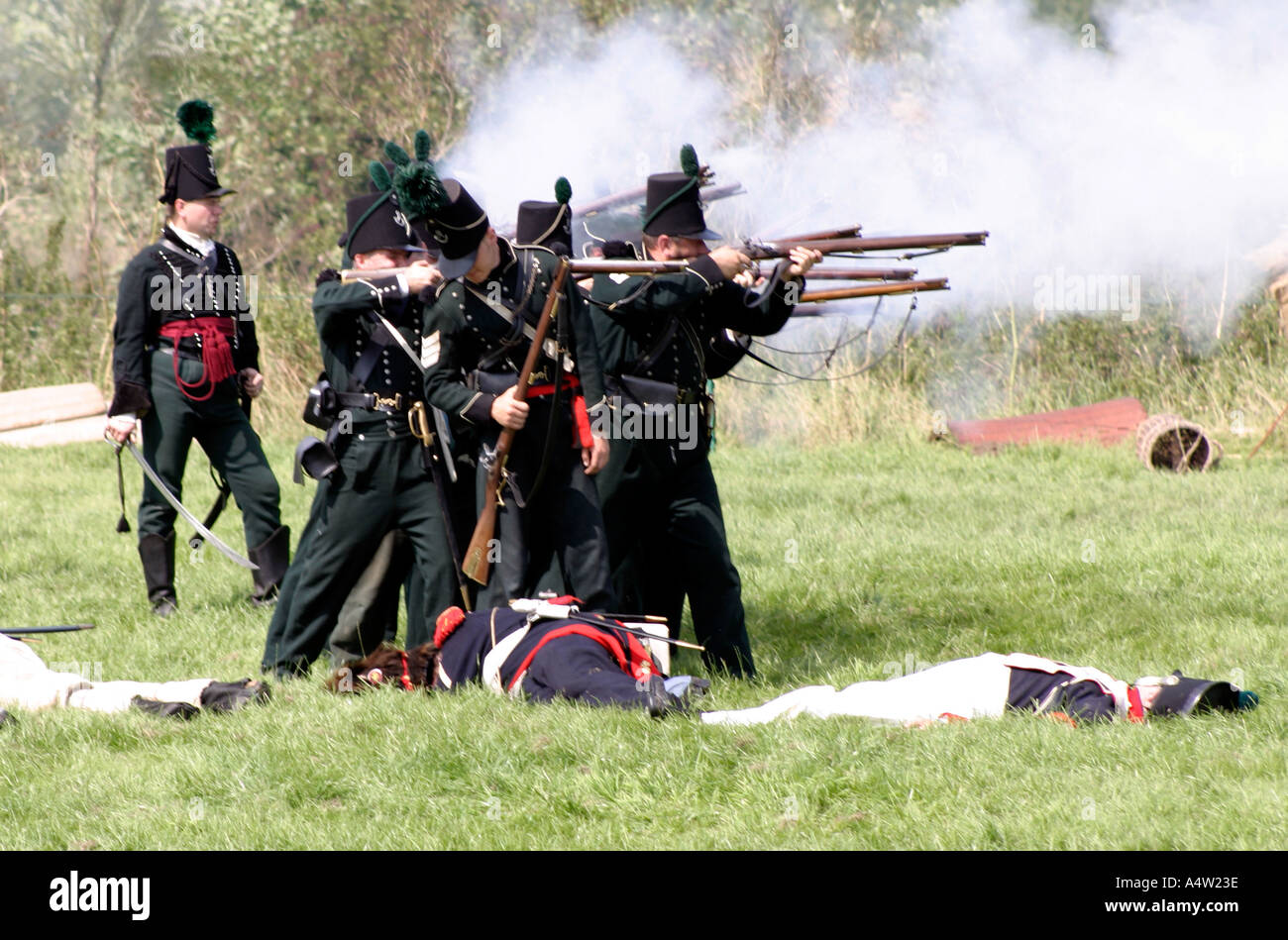 A reenactment of the Battle of Talevera Spain 1809 British forces fire ...