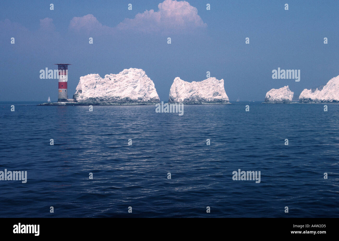 The Needles rocks in the Isle of Wight from offshore with the ...