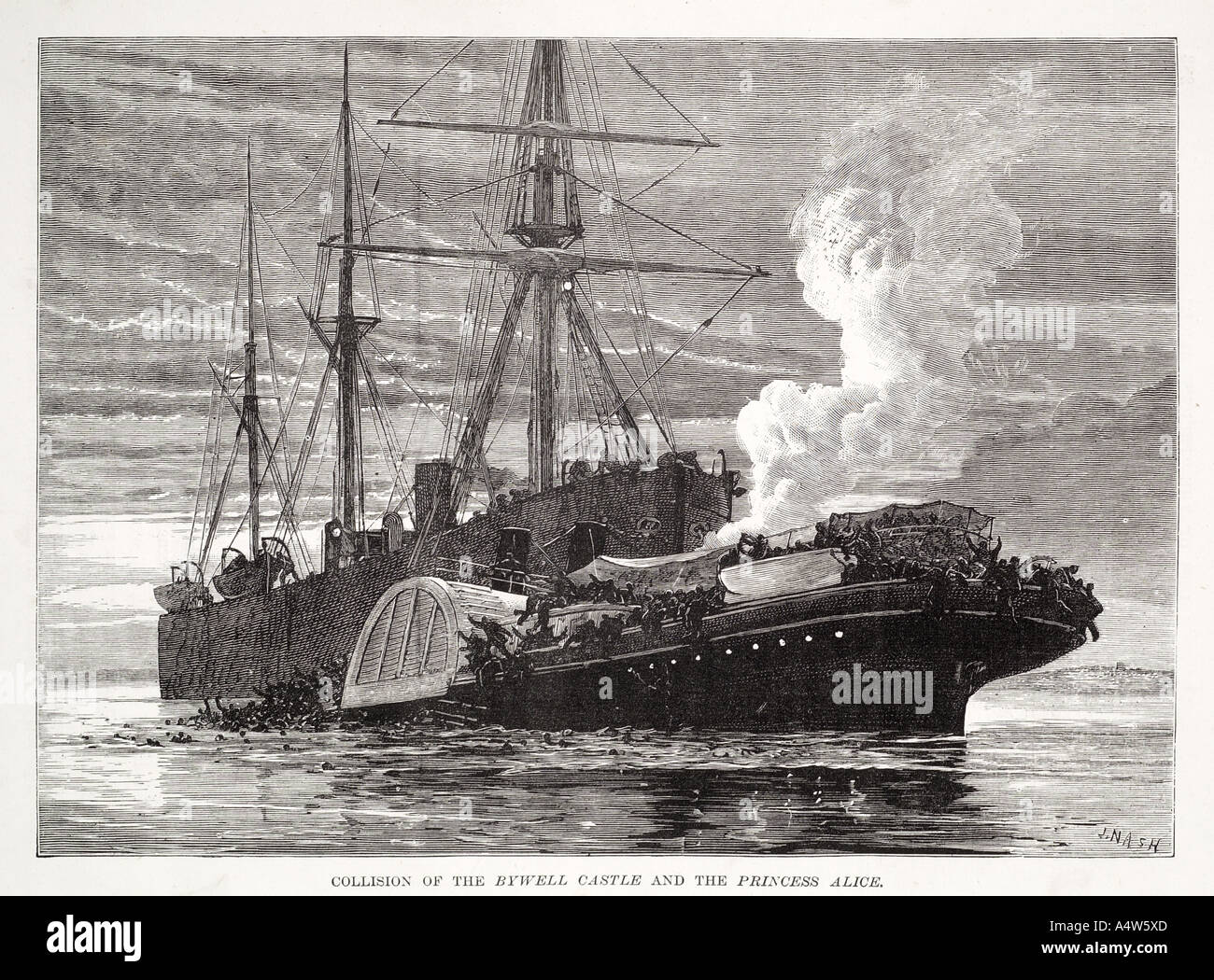 Collide crash Bywell Castle Princess Alice sail steam ship boat calm ...