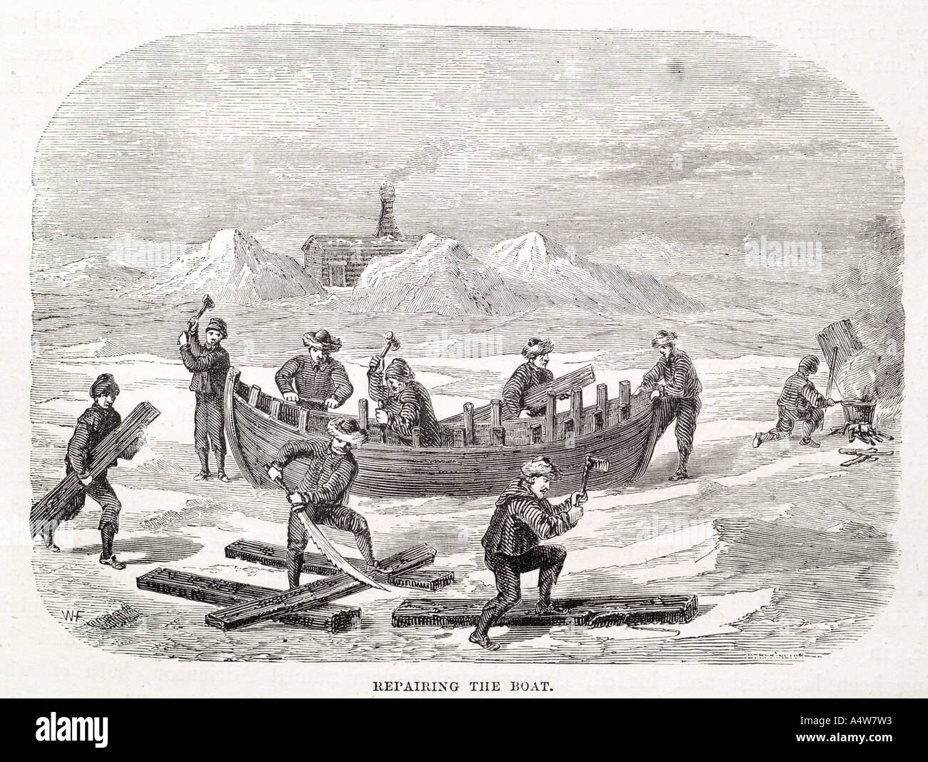 polar arctic snow ice freeze construct saw make boat hammer lumber ...