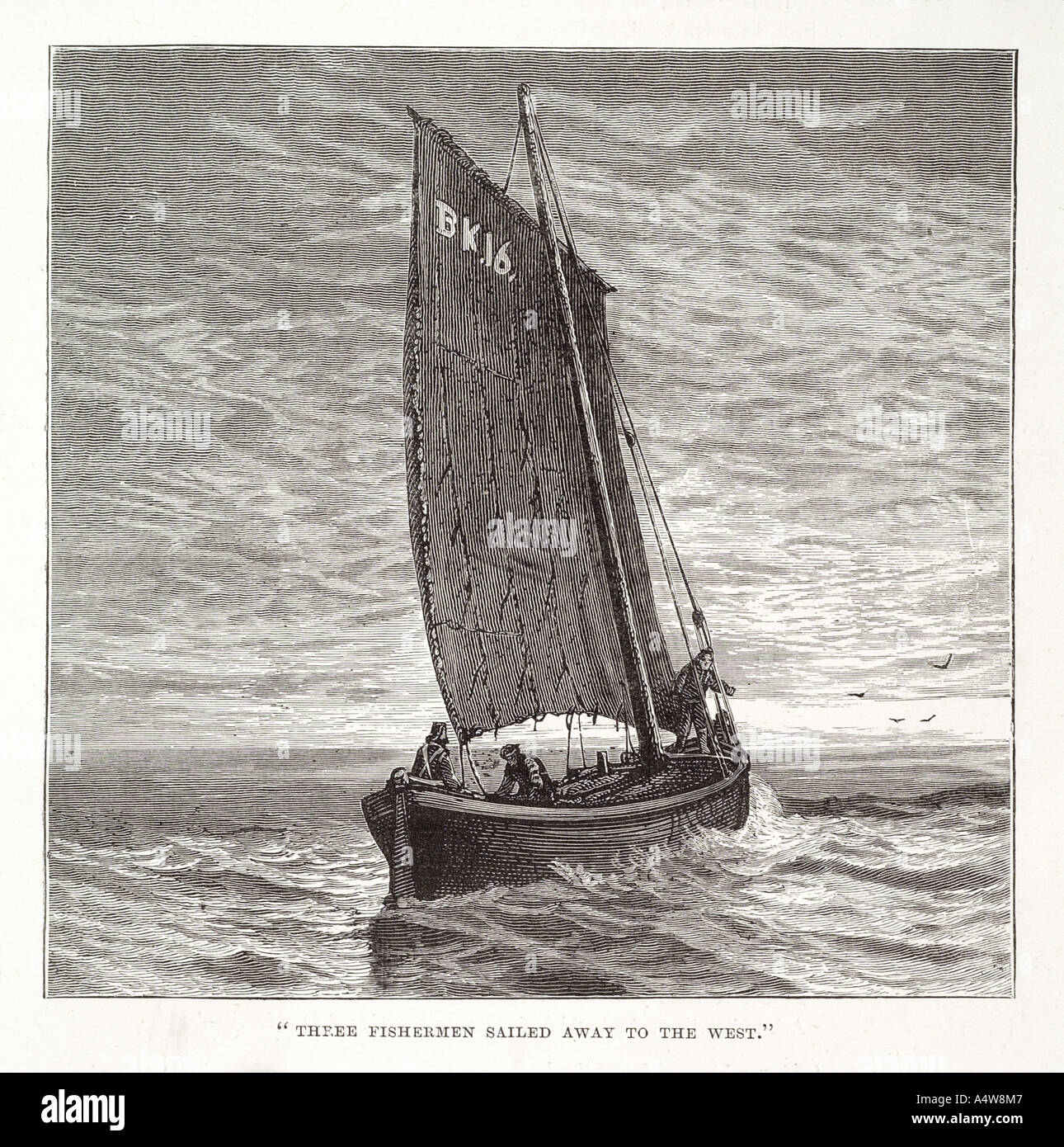 three fishermen sailed sail mast boat ketch sea wave float rigging ...