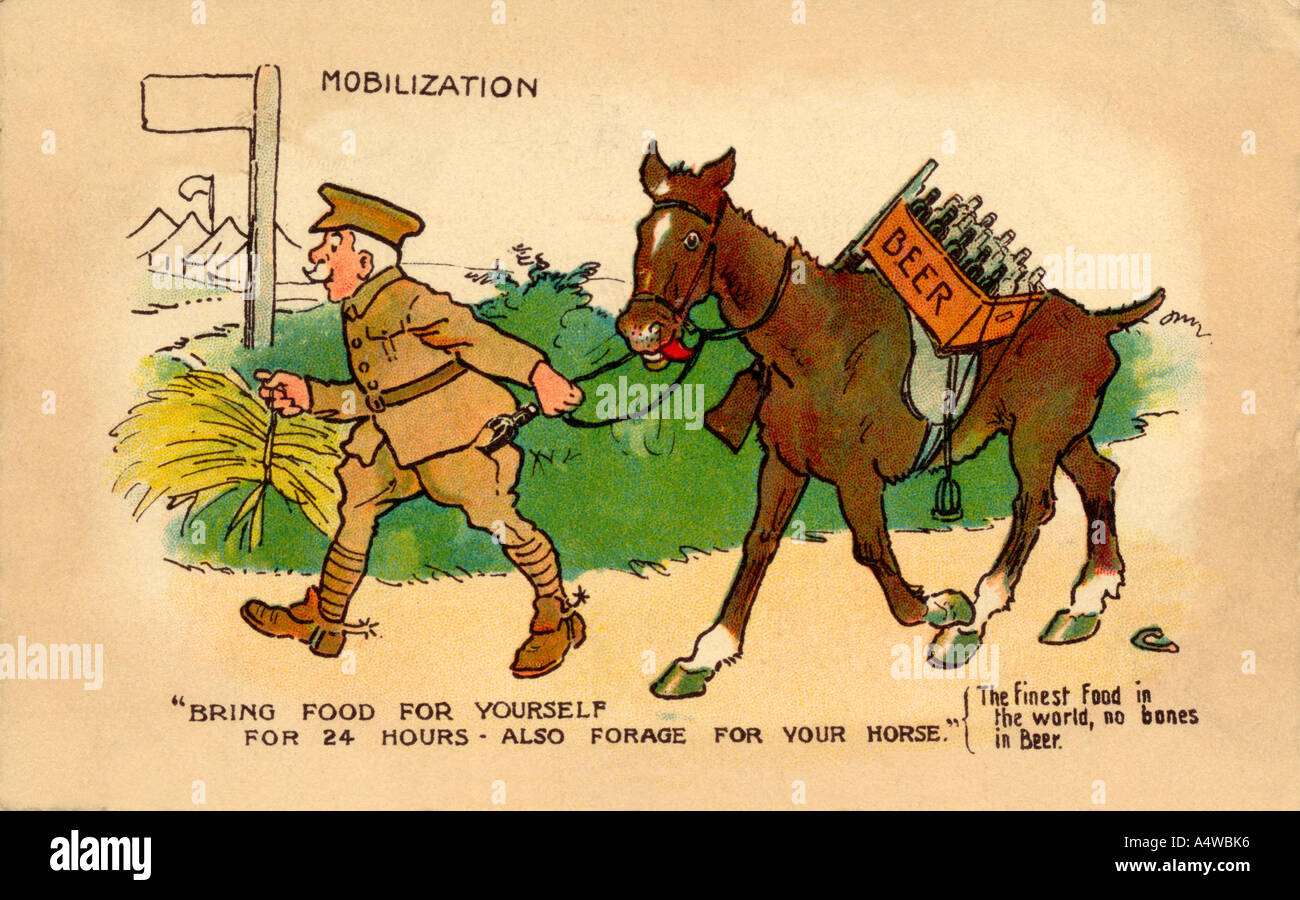 Comic WW1 postcard depicting a soldier being mobilised taking forage ...