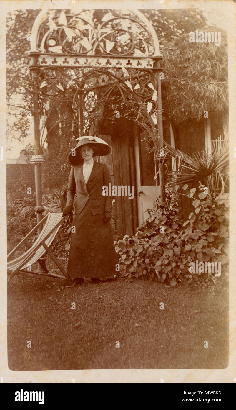 Sepia photograph of unknown Victorian or Edwardian lady in a summer ...