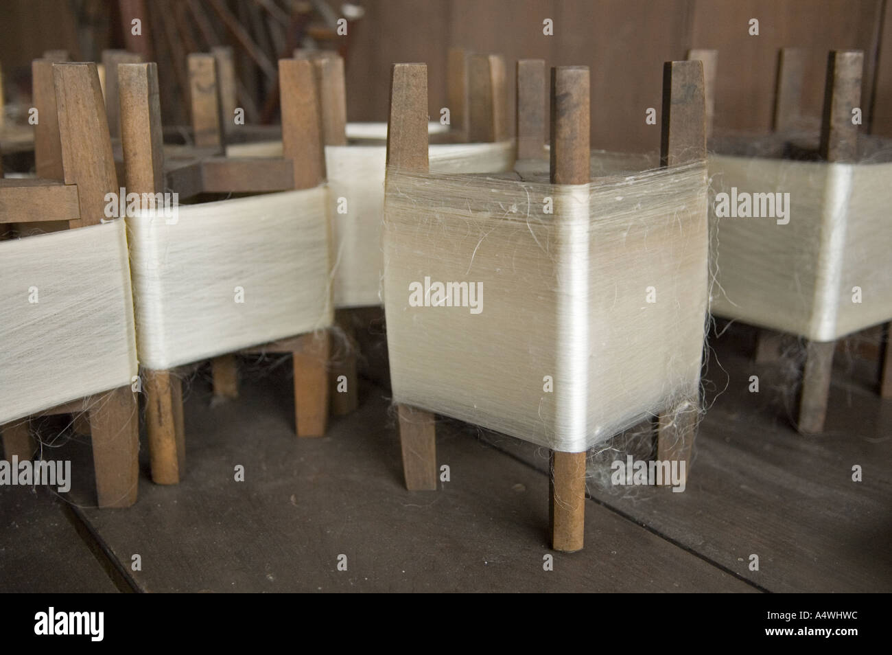 Five antique silk spindles at the Hokuseikan silkworm house at the ...