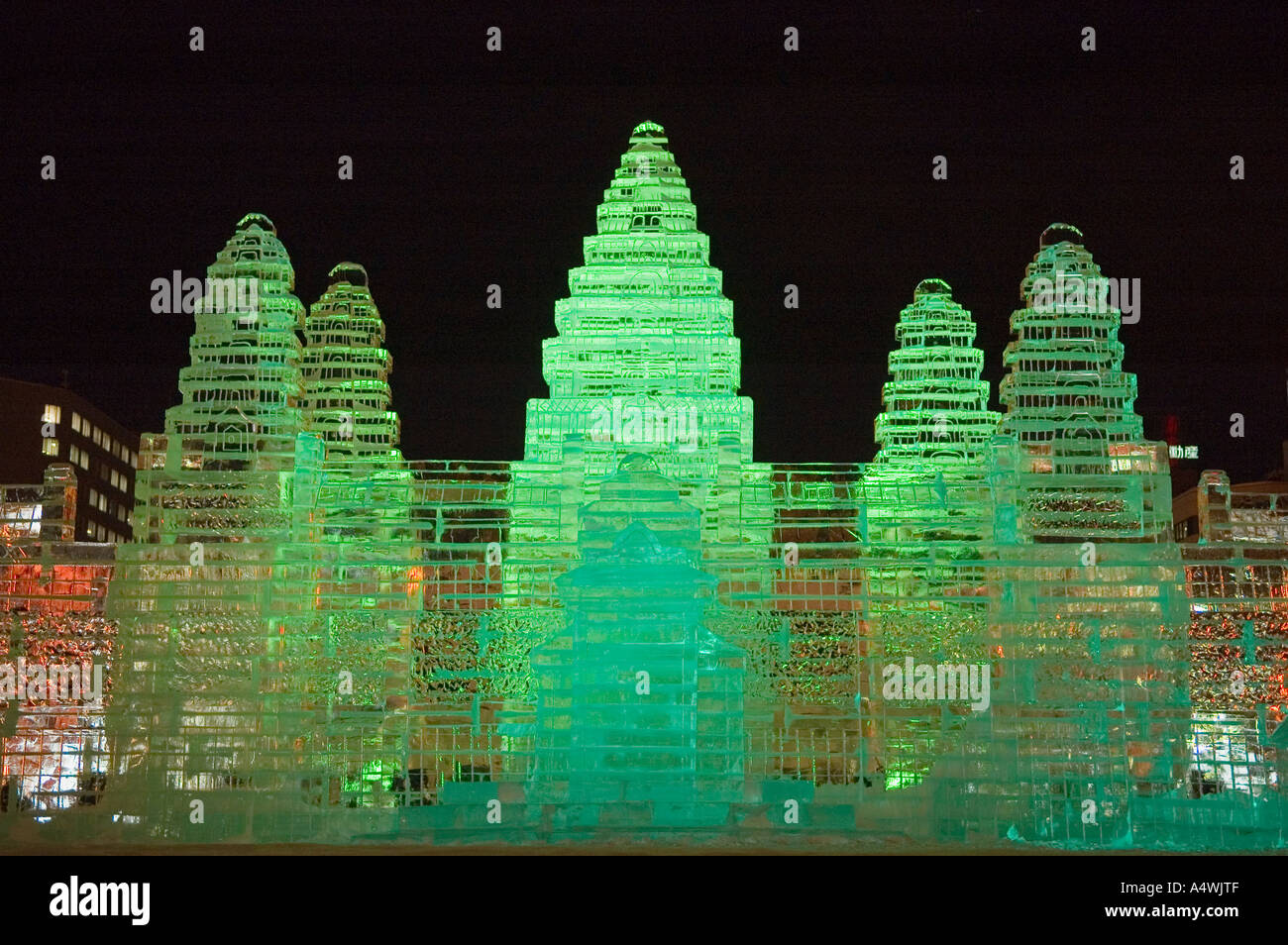 Illuminated Angkor Wat Ice sculpture at night at the 2006 57th Sapporo ...