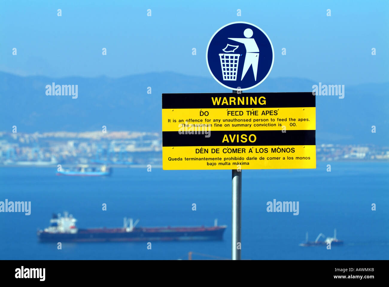 gibraltar dont feed the apes sign warning barbary macaques blue Stock ...