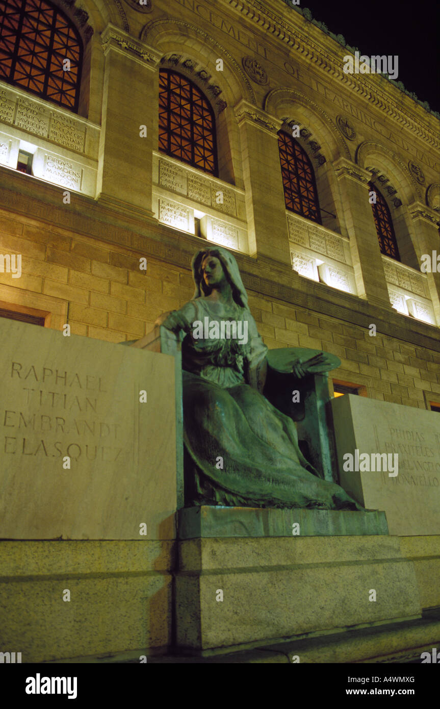 Muse statue at night outside the Boston Public Library at Copley Square ...