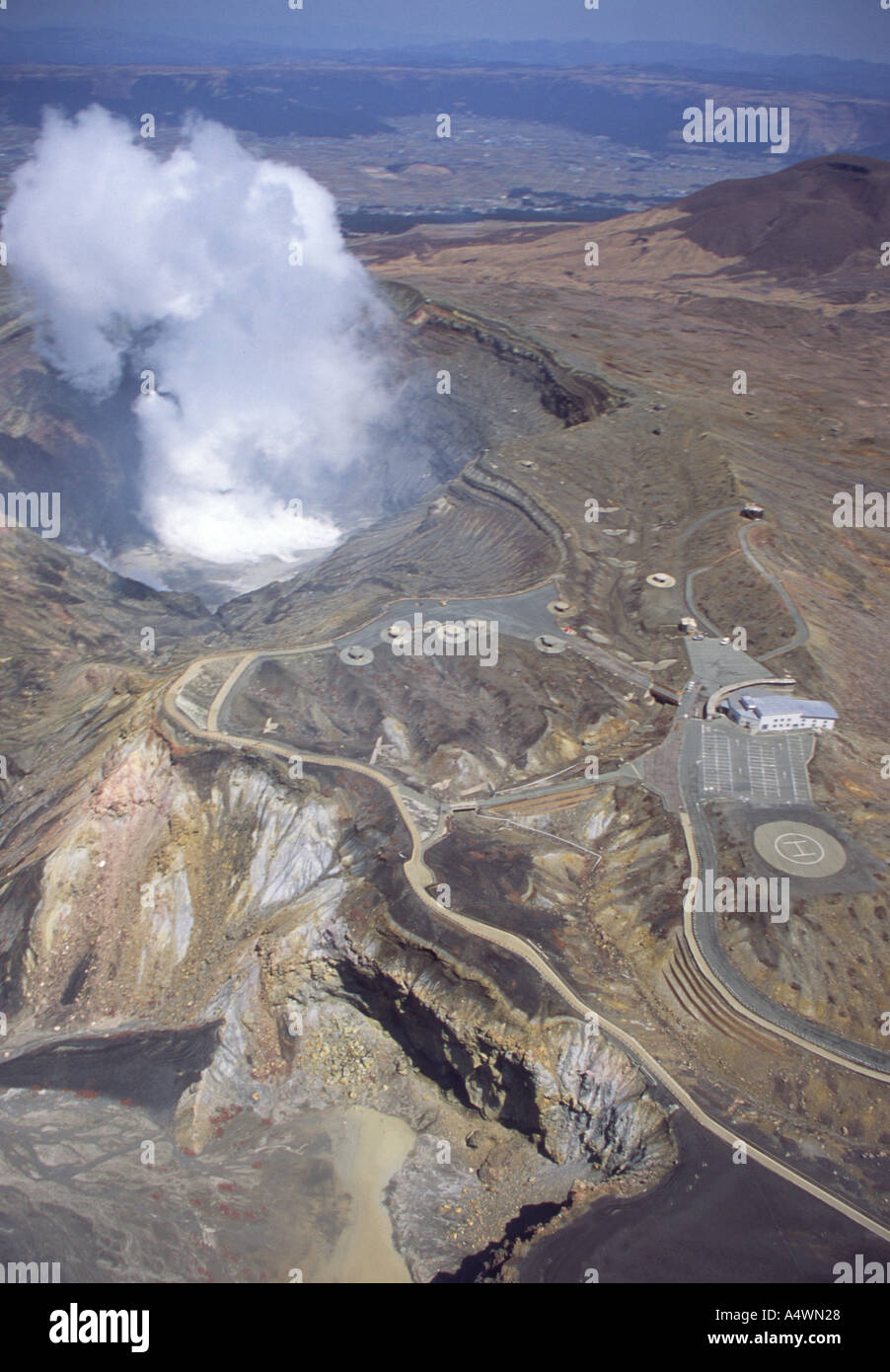 Mount Aso, Japan. Live volcano, with the visitor center, safety bunkers ...