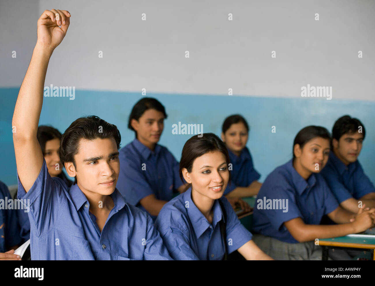 Male student raising hand in classroom Stock Photo - Alamy